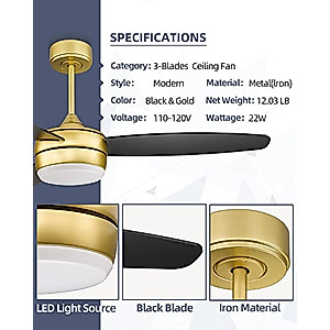 YOUKAIN Modern Ceiling Fan, 52 Inch Gold Ceiling Fan with Light and Remote Control, LED Ceiling Fan with 3 Matte Black Blades for Living Room, Bedroom, Bathroom, 52-YJ273-BK