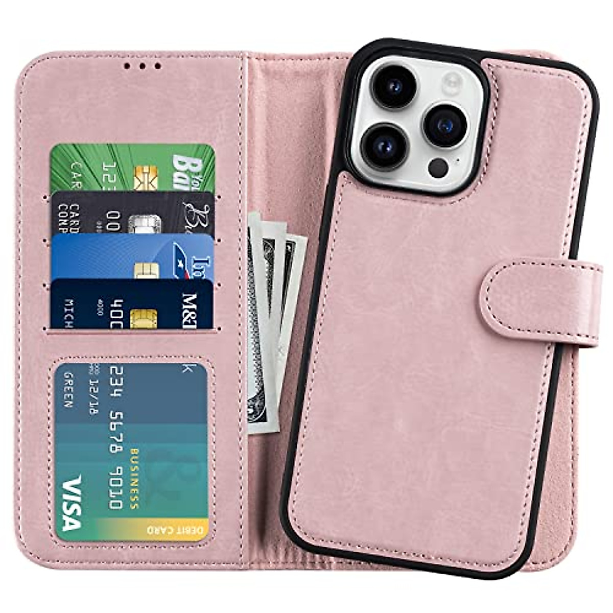 DorisMax iPhone 14 Pro Max Wallet Case,Detachable Flip Folio Cover RFID Blocking 4 Card Slots Holder Premium PU Leather Magnetic Kickstand Protective Phone Case for iPhone 14 Pro Max 6.7" Pink