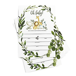 25 Wreath Safari Greenery Baby Shower Invitations (Large Size 5X7 inches), Diaper Raffle Tickets, Baby Shower Book Request Cards with Envelopes Jungle Animal Invites for Boy Neutral Baby Showers