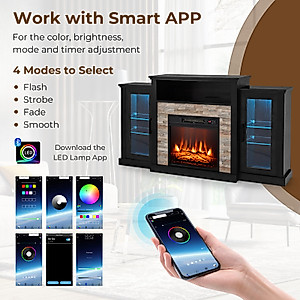 COSTWAY Electric Fireplace TV Stand for TVs Up to 65 Inches, 18-inch Fireplace Insert with APP Control, Remote Control, 16 Color Lights, Wooden Entertainment Center with Adjustable Shelves, Black