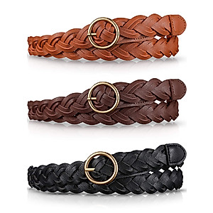 SATINIOR 3 Pcs Women's Braided Leather Belt Skinny Woven Braided Belt O Ring Buckle Leather Belt for Dress Jean Skirt Pant (Black, Brown, Light Brown)
