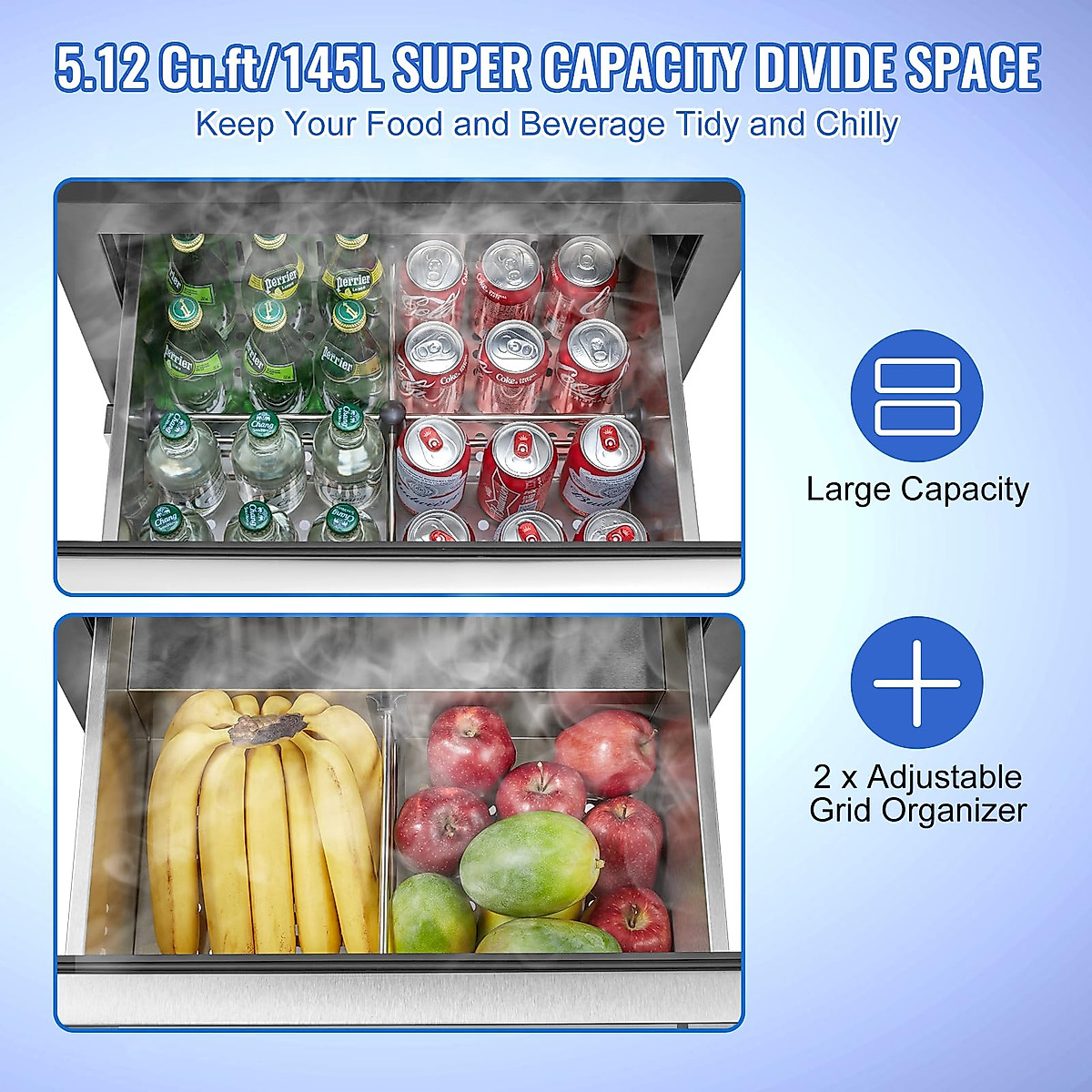 VEVOR 24" Undercounter Refrigerator, 2 Drawer Built-in Beverage Refrigerator with Touch Panel, 5.12 Cu.ft. Capacity, Waterproof Indoor and Outdoor Under Counter Fridge for Home and Commercial Use