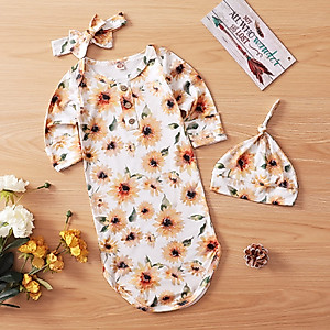 DPSKY Infant Baby Cotton Sleeper Gown Sunflowers Knotted Pajamas Newborn Sleepwear Sleeping Bag with Headband 2Pcs Set, 0-6 Months