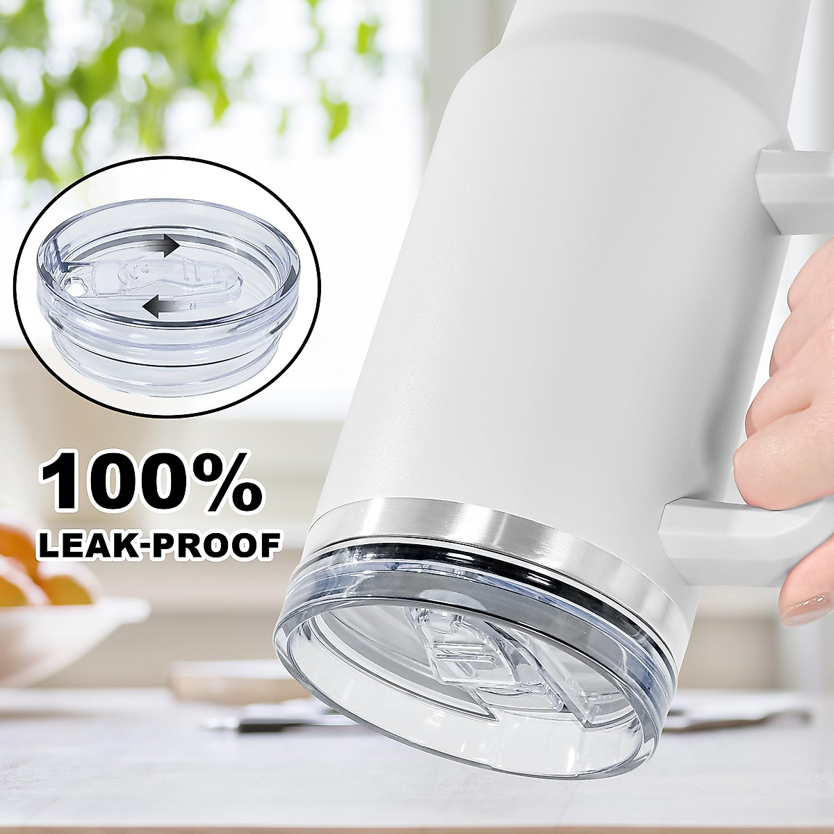 FECBK 40 oz Tumbler with Handle and Straw, 100% Leak-Proof Travel Mug, Stainless Steel Double Wall Vacuum Insulated Coffee Cup Keeps Cold For 34 Hours, Dishwasher Safe, Grey