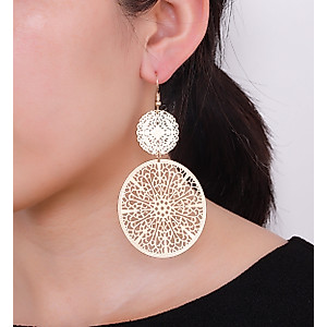 Filigree Disc Drop Earrings Double Round Disc Statement Earrings Metallic Brass Disc Dangle Hook Earrings