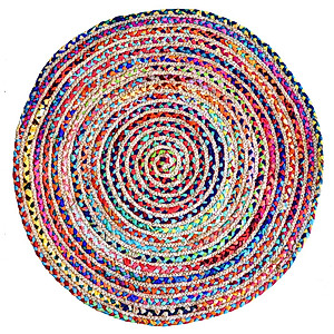 FRELISH DECOR Round Rug Area Rug, Jute & Cotton Multi Chindi Braid Rug, Hand Woven & Reversible- Handwoven from Multi-Color Vibrant Fabric Rugs Bohemian Colorful Rug (6 feet)