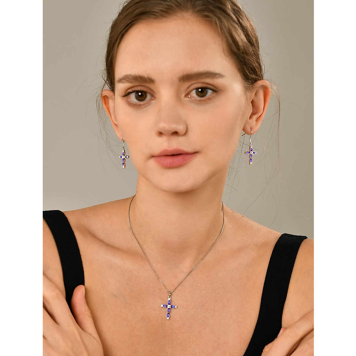 YL Cross Necklace 925 Sterling Silver Created Amethyst Pendant Religious Jewelry 18K White Gold Plated Gemstone Christian Baptism Gift