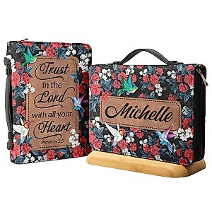 Trust in The Lord Proverbs Hummingbird Flower Pattern Christian Gifts Custom Book Bible Cover Premium Faux or Top Grain Leather