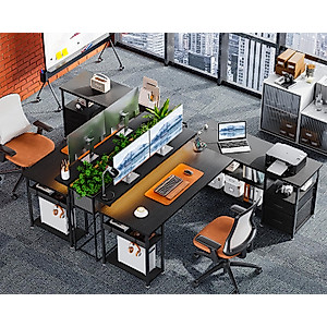 ODK L Shaped Gaming Desk with File Drawers, Reversible Computer Desk with Power Outlets & LED Lights, Home Office Desk with Storage Shelves, 61 Inch Bedroom Corner Desk with Monitor Stand, Black