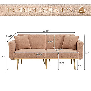 Convertible Futon Sofa Bed, Upholstered Loveseat Sleeper Couch with 3 Reclining Angles and 2 Pillows, Modern Living Room Sofa Couch with 5 Solid Metal Legs for Guest Room, Office, Camel Teddy