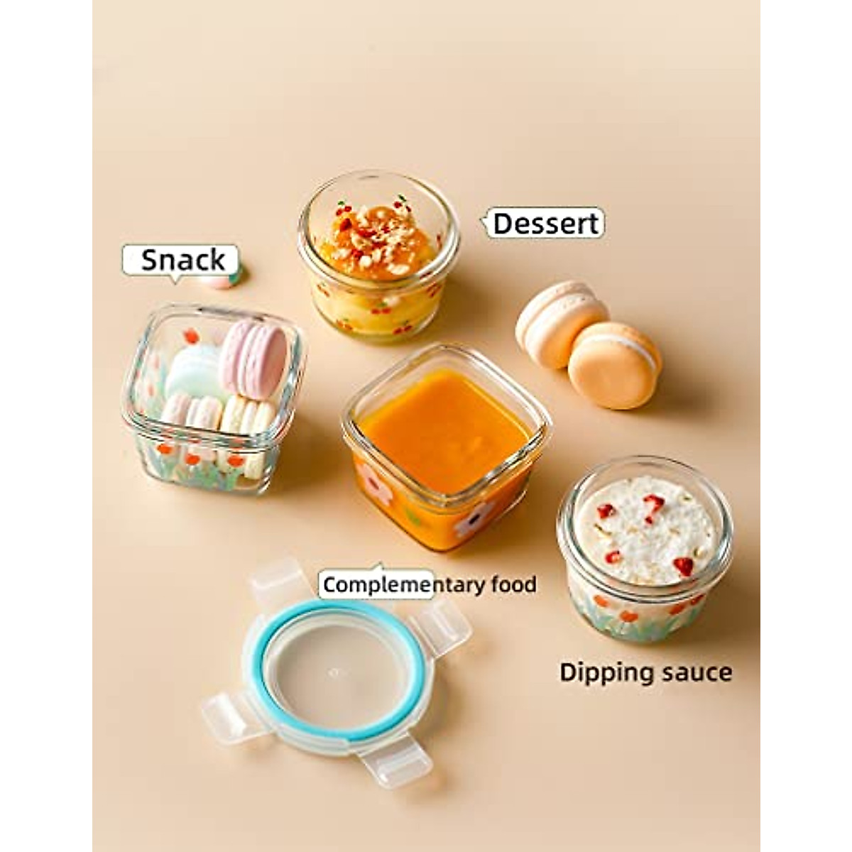2 Pack 4 OZ Mini Glass Food Storage Containers Portable Small Food Jars with Airtight Lids Leakproof Square Flower Glass Container for Food Portion,Dipping Sauce,Snack,Nut,Yogurt,Freezer Microwave Safe