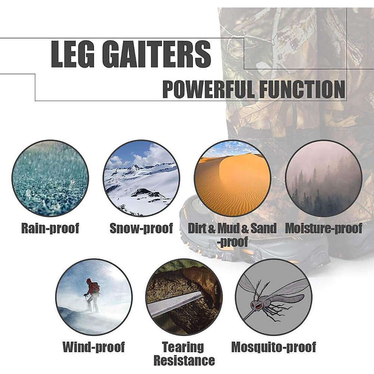 Outdoor Camo Leg Gaiters Waterproof Boots Cover for Hiking, Walking, Hunting (M)