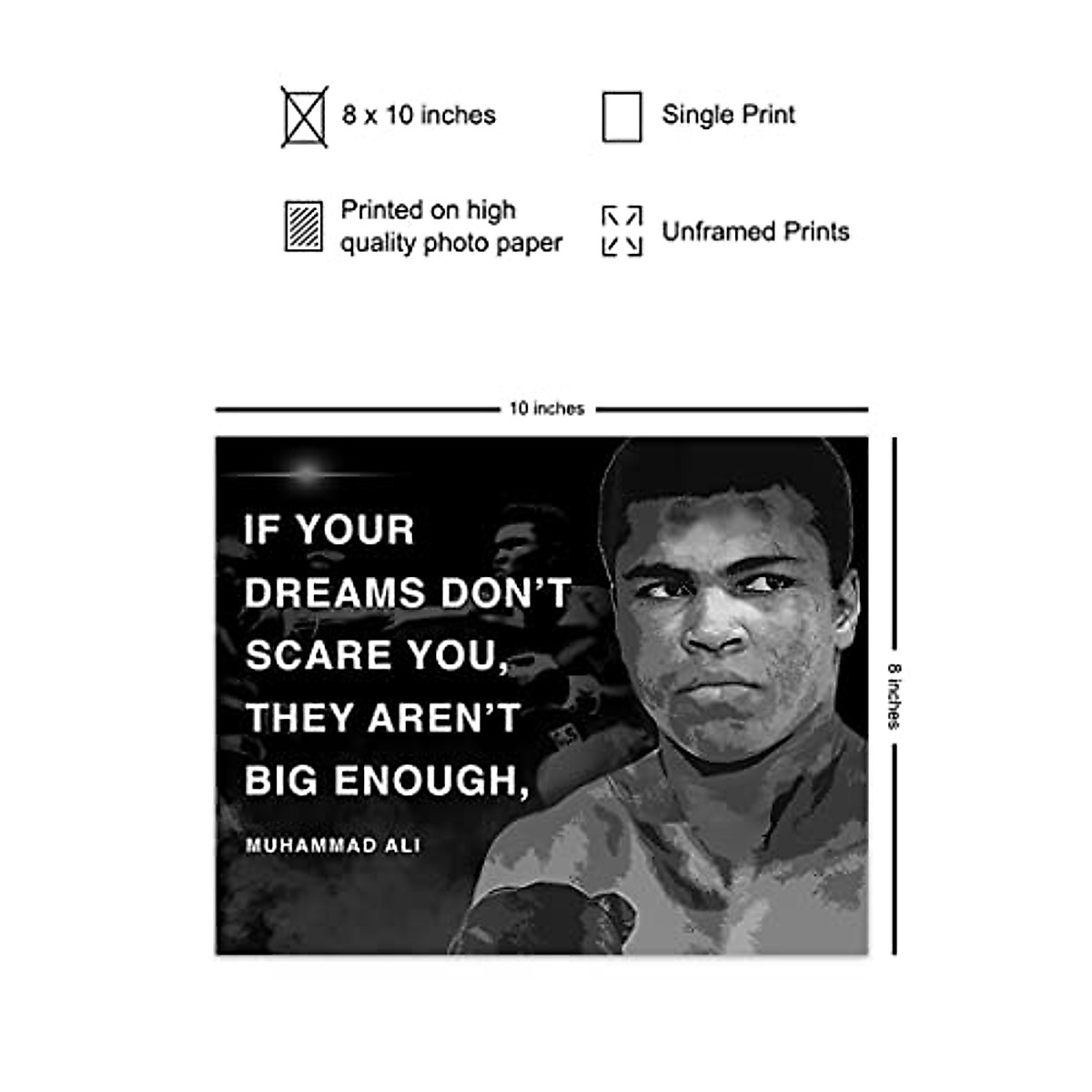 Muhammad Ali Poster - Motivational Sports Quote - Wall Art Decor for Home, Office, Gym, Man Cave, Bedroom - Gift for Men, Boys, Teens, Graduation, Boxing, Workout, Weightlifting Fans - 8x10 UNFRAMED