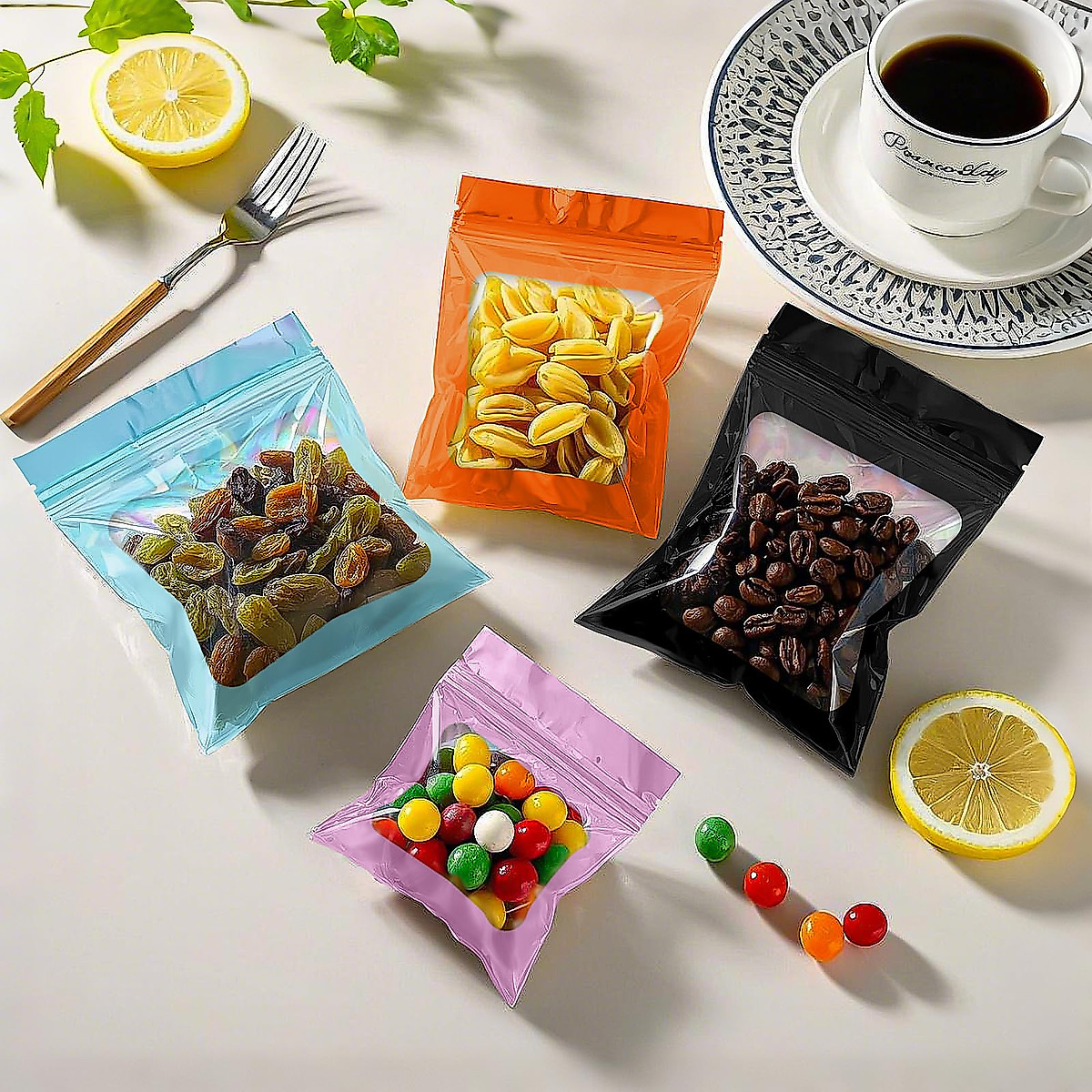 100 Pieces Smell Proof Mylar Bags- Resealable Holographic Packaging Pouch Bag with Clear Window for Food Storage Eyelash Jewelry Electronics Storage (Purple, 4 x 6 Inch)