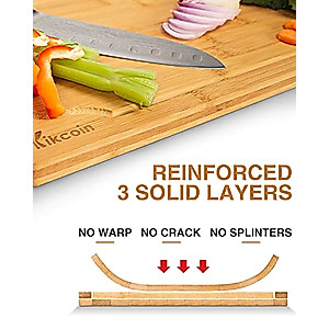 Bamboo Cutting Board, 3-Piece Kitchen Chopping Board with Juice Groove and Handles Heavy Duty Serving Tray Wood Butcher Block and Wooden Carving Board,Large,Kikcoin