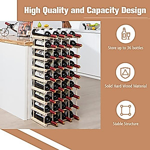 36 Bottle Wooden Wine Rack for Wine Cellar, 34” x 9.5” x 17.5” 4-Tier Large Floor Freestanding Modular Wine Bottle Storage Display Shelf Natural Bamboo Wood Construction for Kitchen and Cellar