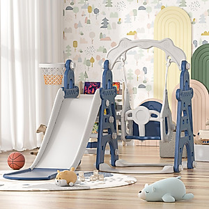 3-in-1 Kids Slide for Toddlers Age 1-3 Slide and Swing Set,Indoor Playground for Children,Freestanding Outdoor Slides with Basketball Hoop,Outside Climber Playhouses,Baby Climbing Toys Blue