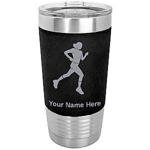 LaserGram 20oz Vacuum Insulated Tumbler Mug, Running Woman, Personalized Engraving Included (Faux Leather, Black)