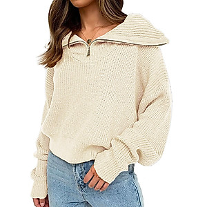 KIRUNDO Women's 2024 Fall Winter Long Sleeve Quarter Zip Pullover Casual V Neck Ribbed Knit Sweaters Jumper Tops(Beige White, Large)