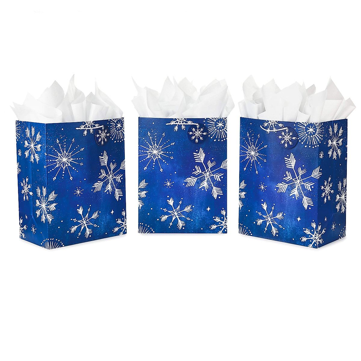 Hallmark 17" Extra Large Holiday Gift Bags with Tissue Paper (3 Gift Bags: Starry Snowflakes on Navy Blue) for Christmas, Hanukkah, Weddings, Birthdays