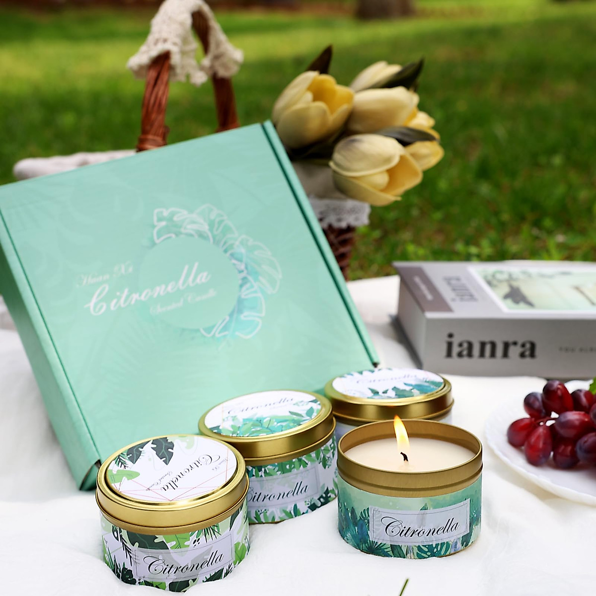 Scented Candle Set 4 Pack Citronella Candles Outdoor, 32 Oz Long Lasting Soy Wax Citronella Candles Set, Large Tin Candles with Fresh Citronella Oil for Camping Garden Patio Yard Balcony Party Indoor