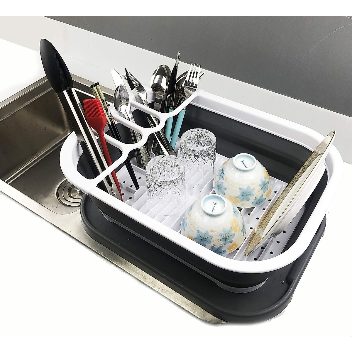 SAMMART 12L (3.17 Gallon) Collapsible Dish Drainer with Tray - Foldable Drying Rack Set - Portable Dinnerware Organizer - Space Saving Kitchen Storage Tray (1, White/Dark Grey)