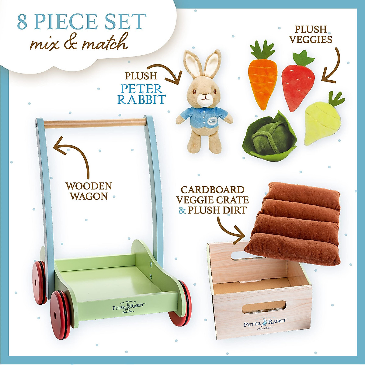 KIDS PREFERRED Beatrix Potter Peter Rabbit Wooden Garden Wagon and Plush Veggie Play Set, (24228)