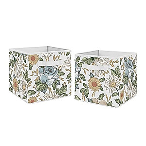 Sweet Jojo Designs Vintage Floral Blue Yellow Foldable Fabric Storage Cube Bins Boxes Organizer Toys - Set of 2 - Slate Green Gold Orange Taupe Beige Shabby Chic Rose Flower Boho Bohemian Farmhouse