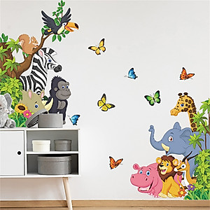 W-YANG Forest Animal Tree Wall Decals Elephant Zebra Giraffe Hippo Butterfly Lion Wall Sticker Great for Baby Nursery Kids Bedroom Playroom Living Room (Cartoon Forest Animal), Bright