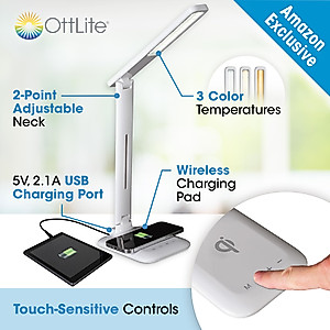 OttLite Charge Up LED Desk Lamp with Wireless Qi Charging & USB Charging Port, with ClearSun LED Technology - Adjustable Neck, 3 Color Temperature Modes, Reduces Eyestrain - Travel-Friendly Task Lamp