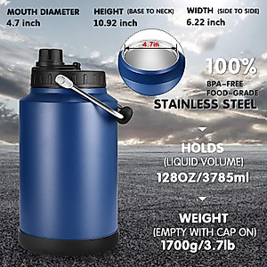 Sursip 128OZ Insulated Water Jug,One Gallon Vacuum Stainless Steel Double Walled Water Bottle with Stainless steel Handle,18/8 Food-Grade Insulated Water Bottle,Travel Drinking Water Flask-Grey