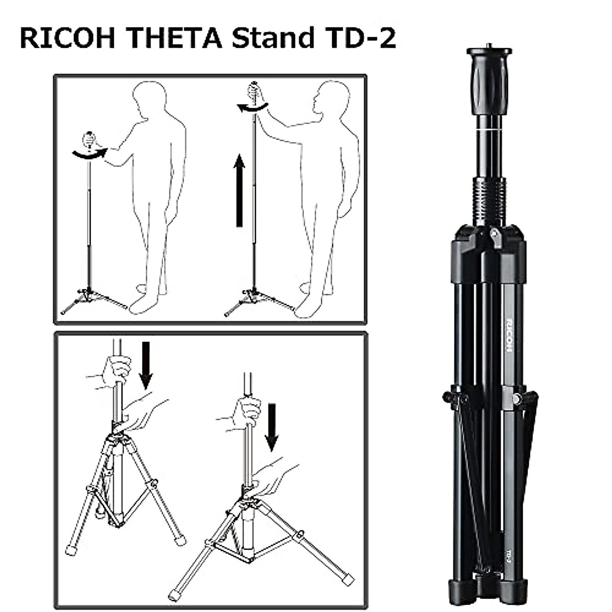 RICOH Theta Stand TD-2 : Compatible with All RICOH Theta Models in The Series, Dimensions: Maximum Extension: 150cm / Folded up Length: 45.7cm / Weight: 463g