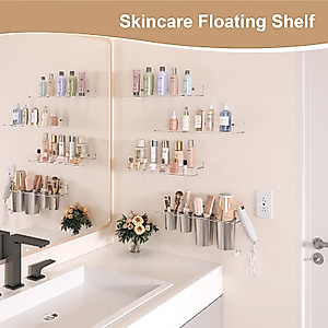 Hongtamoy 4-Tier Acrylic Hair Tool Organizer, 15'' Floating Clear Hair Dryer Holder, Multifunctional Storage, DIY Bathroom Storage Display Shelf Wall Mounted for Makeup/Skincare/Perfume