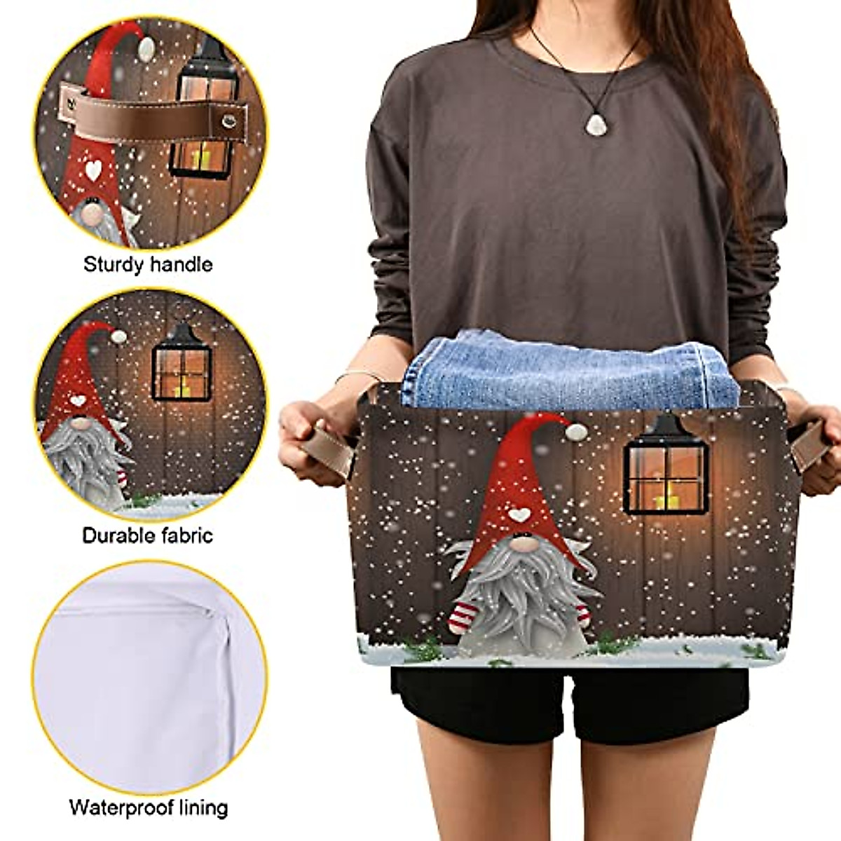 STAYTOP 1PCS Christmas Large Storage Basket,Traditional Christmas Gnome Santa Claus Collapsible Toy Storage Box Waterproof Laundry Basket with Handle for Home Closets, Offices, Bedrooms, B06D20006