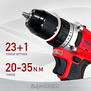 BANCHEE 20V Brushless Cordless Power Drill kit, 3/8 "keyless metal ratchet chuck, 23+1 Torque Settings with 2x1.5Ah Batteries and Charger, 2-Variable Speeds,27 Bit Set