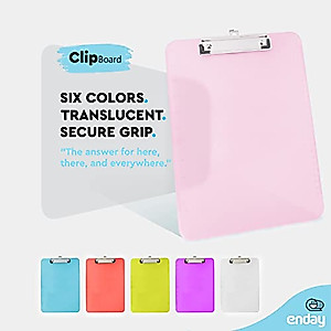 Plastic Clipboard Standard Size Pink, Translucent Low Profile Clip Board, Hangable Clipboard, 12.7” x 9”, Holds 100 Sheets, Also Available in Blue, Purple, Green, Red, Grey, 1 Pc - by Enday