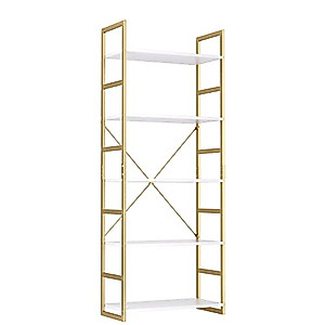 finetones 5 Tier Bookshelf, Industrial Gold Bookcase with Metal Frame, Modern Display Shelves Plant Flower Stand Rack for Bedroom Living Room Home Office, White and Gold