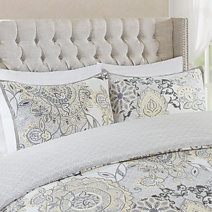 Madison Park Isla Reversible Cotton Duvet Set - Casual Medallion Floral to Damask Print Reverse, All Season Comforter Cover Bedding Set with Matching Shams, Yellow Full/Queen(90"x90") 3 Piece