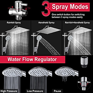 Shower Head, NERDON 12'' High Pressure Rainfall Shower Head Handheld Combo 5 Settings with 15'' Brass Height/Angle Adjustable Extension Arm 60" Hose, Stainless Steel Bath Rain Showerhead with 4 Hooks