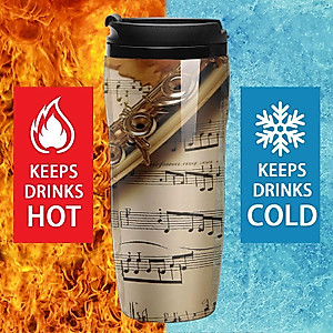 NTVOWPZO Travel Coffee Mug Flute Music Insulated Travel Mug Stainless Steel Coffee Tumbler Travel Coffee Cup Reusable Coffee Cups with Lids for Hot And Cold Drink