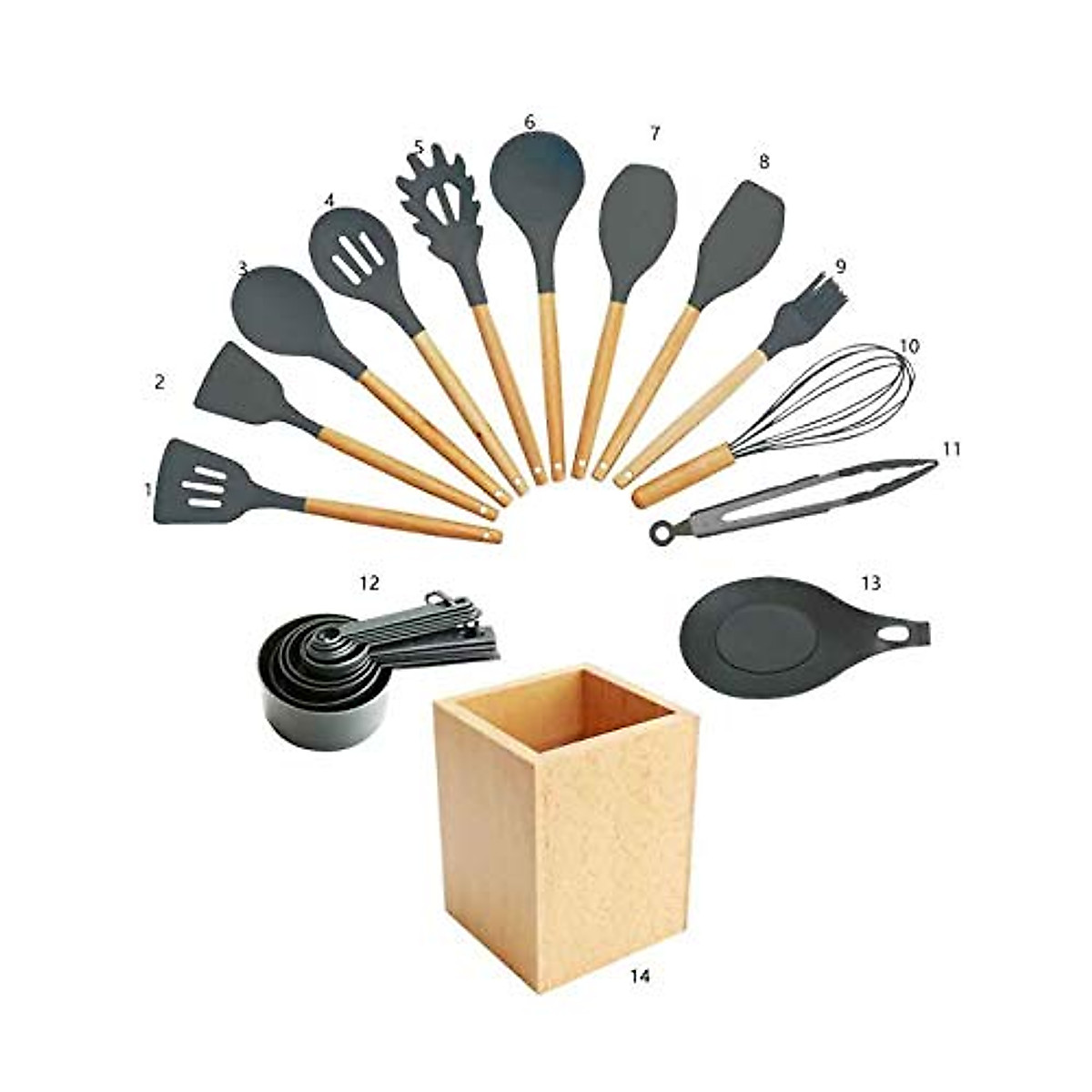 LMMDP Beech Silicone Kitchen Tools Set Cooking Tools Utensils Set Spatula Shovel Soup Spoon with Wooden Handle Special Heat-resistant Design
