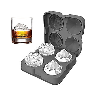Ice Cube Tray, HANCELANT 2.5inch Ice Cube Molds, 2 Cavity Silicone Rose & 2 Diamond Ice Ball Maker, Easy Release Large Ice Cube Form for Chilling Cocktails, Whiskey, Bourbon & Homemade Juice (Gray)