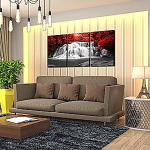 Kreative Arts Black White and Red Canvas Wall Art 3 Pieces Red Woods Waterfall Canvas Print Landscape Paintings Framed Picture for Office and Home Décor Ready to Hang 16x24inchx3pcs