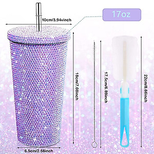 KAKAA Thermos portable 17Oz Water Bottle double stainless steel Inside 304 Outer 201 Pure Handmade Cup with Lids and Straws Studded Skinny Tumblers for women's gift (purple)