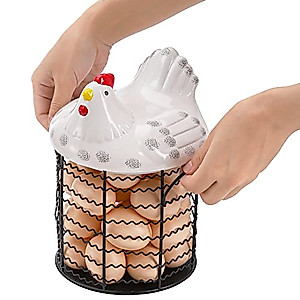 Hiceeden Metal Wire Chicken Egg Storage Basket, Decorative Fresh Egg Holder with Ceramic Chicken Design Lid, Portable Round Collectiong Basket for Kitchen Supplies, Pantry, 5.5"x6"