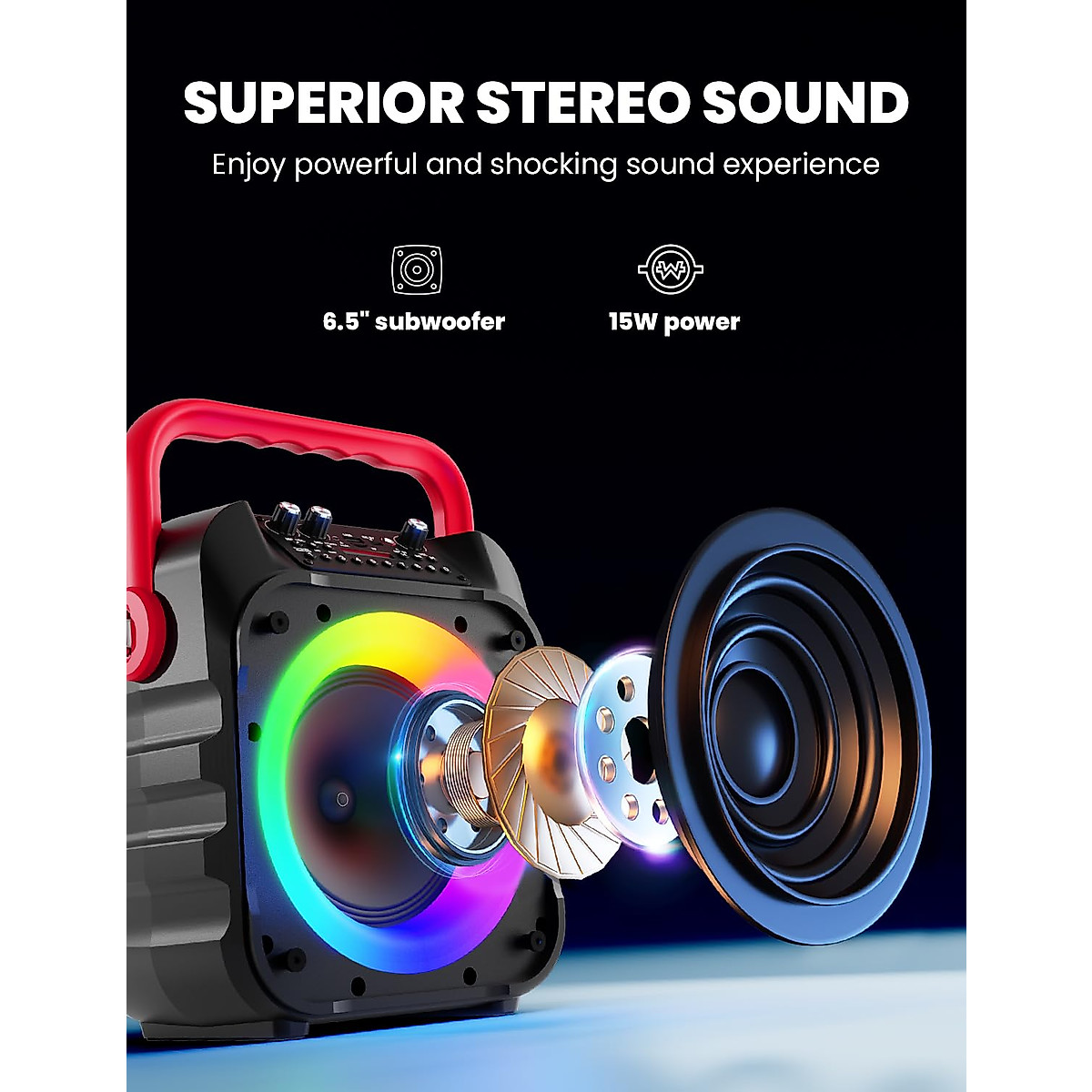 Karaoke Machine with Two Wireless Microphones, Portable Karaoke Machine for Adults & Kids, Portable Bluetooth Speaker with PA System, LED Lights, Supports TF Card/USB, AUX in, FM, USB,TWS (Red)…