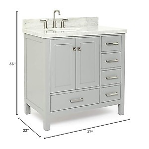 ARIEL 37" Grey Bathroom Vanity with 1.5" Edge Italian Carrara Marble Countertop & Backsplash, Left Oval Sink, 2 Soft Closing Doors, 5 Full Extension Dovetail Drawers, Brushed Nickel