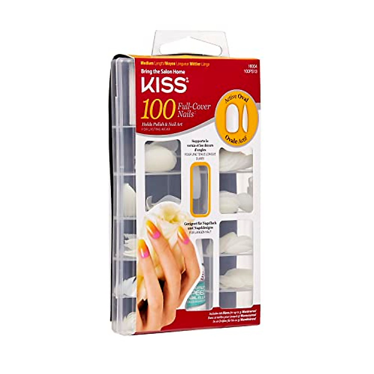 KISS 100 Full Cover Fake Nails Manicure Kit, 10 Sizes, 5 Manicures, Medium Length, Active Oval, 100 Nails