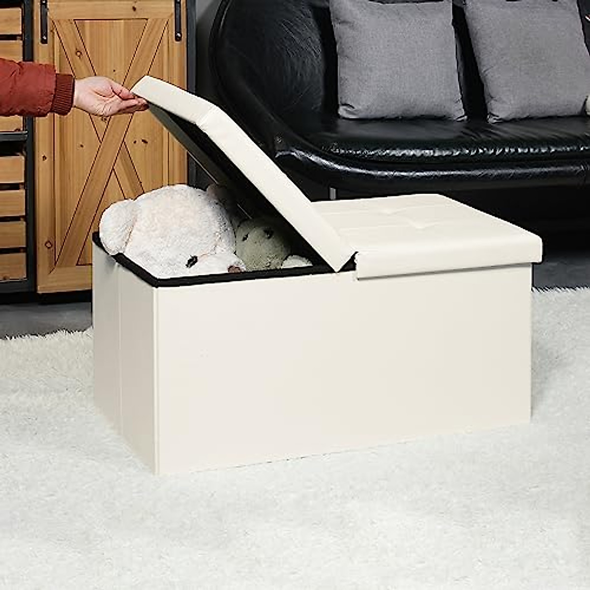 B FSOBEIIALEO Storage Ottoman with Filpping Lids, Ottoman Storage Bench Footrest Seat, Storage Chest Faux Leather 30"x15"x15" (White)