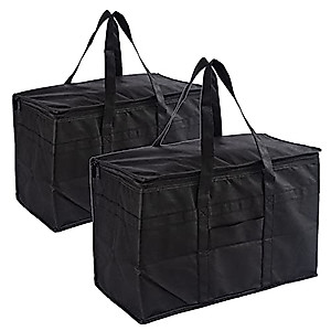 XXL Extra- Large insulated bags for food delivery with the bottom plate, reusable insulated shopping bags, 20x10x13 inches, The ideal pizza delivery bag. Black (Pack of 2)